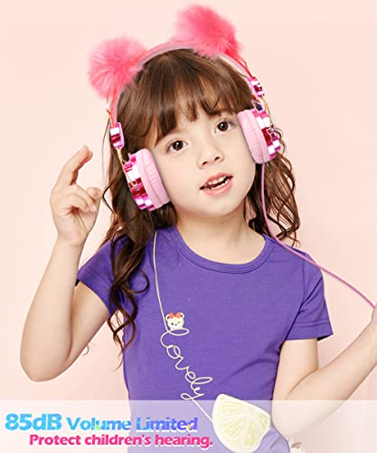 SVYHUOK Pompoms Pink Unicorn Wired Headphones,Cute Cat Ear Kids Game Headset for Girls Teens Tablet Laptop PC,Over Ear Children Headset withMic,for School Birthday Xmas Gifts