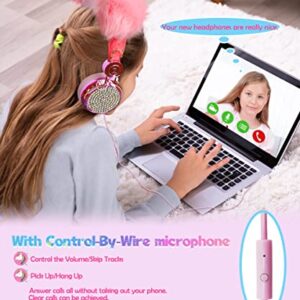 SVYHUOK Pompoms Pink Unicorn Wired Headphones,Cute Cat Ear Kids Game Headset for Girls Teens Tablet Laptop PC,Over Ear Children Headset withMic,for School Birthday Xmas Gifts