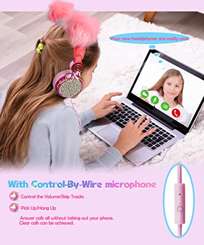 SVYHUOK Pompoms Pink Unicorn Wired Headphones,Cute Cat Ear Kids Game Headset for Girls Teens Tablet Laptop PC,Over Ear Children Headset withMic,for School Birthday Xmas Gifts