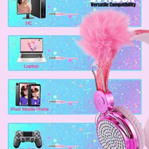 SVYHUOK Pompoms Pink Unicorn Wired Headphones,Cute Cat Ear Kids Game Headset for Girls Teens Tablet Laptop PC,Over Ear Children Headset withMic,for School Birthday Xmas Gifts