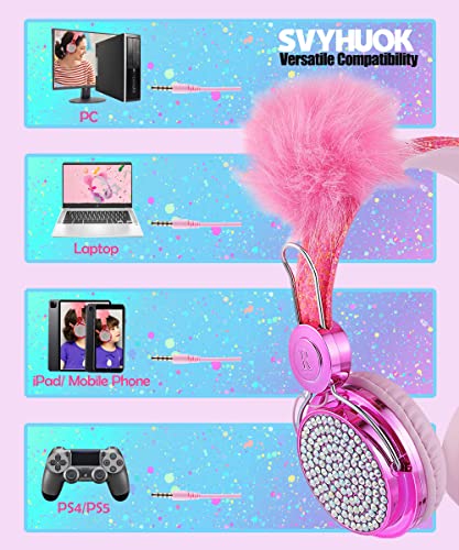 SVYHUOK Pompoms Pink Unicorn Wired Headphones,Cute Cat Ear Kids Game Headset for Girls Teens Tablet Laptop PC,Over Ear Children Headset withMic,for School Birthday Xmas Gifts