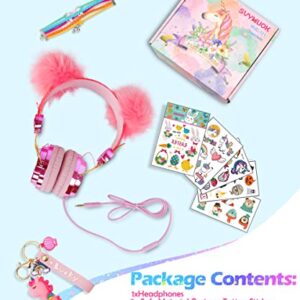 SVYHUOK Pompoms Pink Unicorn Wired Headphones,Cute Cat Ear Kids Game Headset for Girls Teens Tablet Laptop PC,Over Ear Children Headset withMic,for School Birthday Xmas Gifts