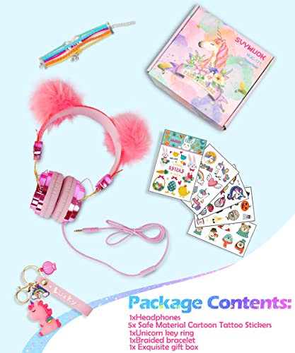 SVYHUOK Pompoms Pink Unicorn Wired Headphones,Cute Cat Ear Kids Game Headset for Girls Teens Tablet Laptop PC,Over Ear Children Headset withMic,for School Birthday Xmas Gifts