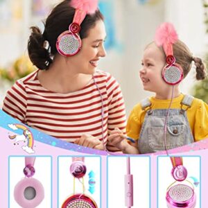 SVYHUOK Pompoms Pink Unicorn Wired Headphones,Cute Cat Ear Kids Game Headset for Girls Teens Tablet Laptop PC,Over Ear Children Headset withMic,for School Birthday Xmas Gifts