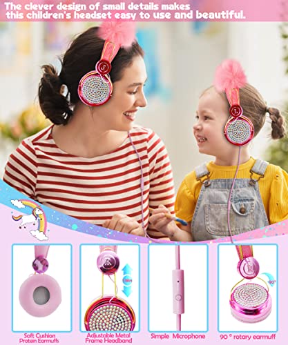 SVYHUOK Pompoms Pink Unicorn Wired Headphones,Cute Cat Ear Kids Game Headset for Girls Teens Tablet Laptop PC,Over Ear Children Headset withMic,for School Birthday Xmas Gifts