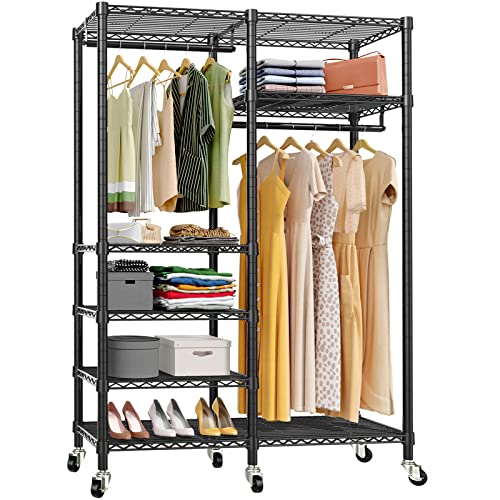 VIPEK R4 Rolling Garment Rack 6 Tiers Adjustable Heavy Duty Wire Shelving Clothes Rack with Double Rods and Lockable Wheels, Freestanding Wardrobe Closet Storage Rack Metal Clothing Rack, Black