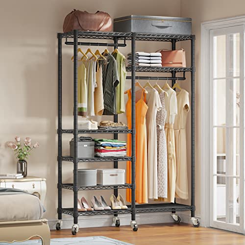 VIPEK R4 Rolling Garment Rack 6 Tiers Adjustable Heavy Duty Wire Shelving Clothes Rack with Double Rods and Lockable Wheels, Freestanding Wardrobe Closet Storage Rack Metal Clothing Rack, Black