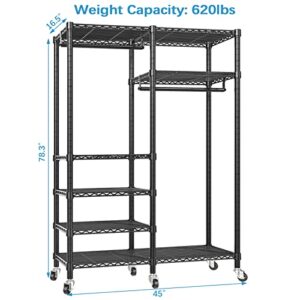 VIPEK R4 Rolling Garment Rack 6 Tiers Adjustable Heavy Duty Wire Shelving Clothes Rack with Double Rods and Lockable Wheels, Freestanding Wardrobe Closet Storage Rack Metal Clothing Rack, Black