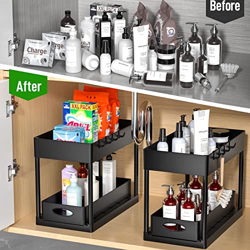 PUILUO 2 Set Under Sink Cabinet Organizer, 2 Tier Storage Under Cabinet Bathroom Under Sink Organizers and Storage Black Under Sink Storage for Bathroom Kitchen