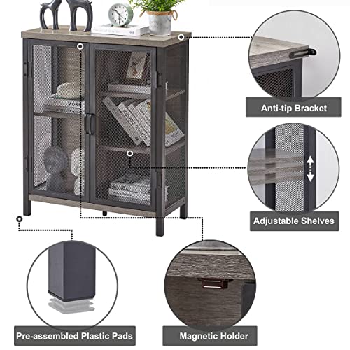 BON AUGURE Industrial Coffee Bar Cabinet with Storage, Farmhouse Wood Metal Accent Cabinet with Shelves, Rustic Small Sideboard Buffet for Kitchen and Dining Room (Dark Grey Oak)