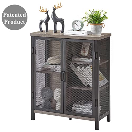 BON AUGURE Industrial Coffee Bar Cabinet with Storage, Farmhouse Wood Metal Accent Cabinet with Shelves, Rustic Small Sideboard Buffet for Kitchen and Dining Room (Dark Grey Oak)