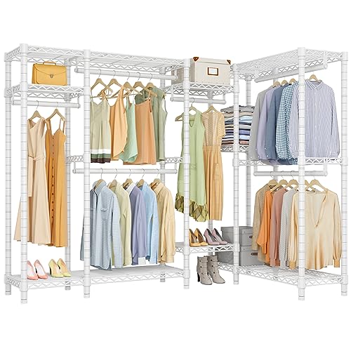 VIPEK L22S Heavy Duty Clothes Rack L Shaped Garment Rack Metal Clothing Rack Freestanding Wardrobe Closet Rack with 8 Shelves & 6 Hanging Rods, 76" L x 45" W x 76.4" H, Max Load 1050LBS, White