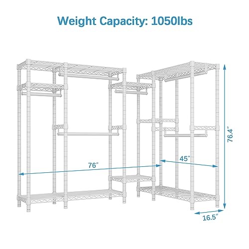 VIPEK L22S Heavy Duty Clothes Rack L Shaped Garment Rack Metal Clothing Rack Freestanding Wardrobe Closet Rack with 8 Shelves & 6 Hanging Rods, 76" L x 45" W x 76.4" H, Max Load 1050LBS, White