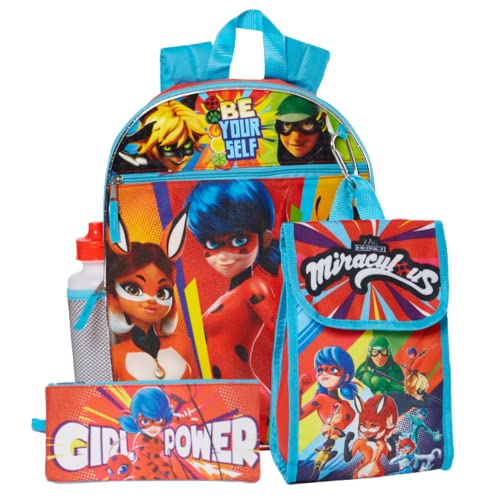 5 Pc. Miraculous Ladybug Girl Power “Be Yourself” Backpack Set for Girls, 16 inch with Miraculous Lunch Bag & Pencil Case