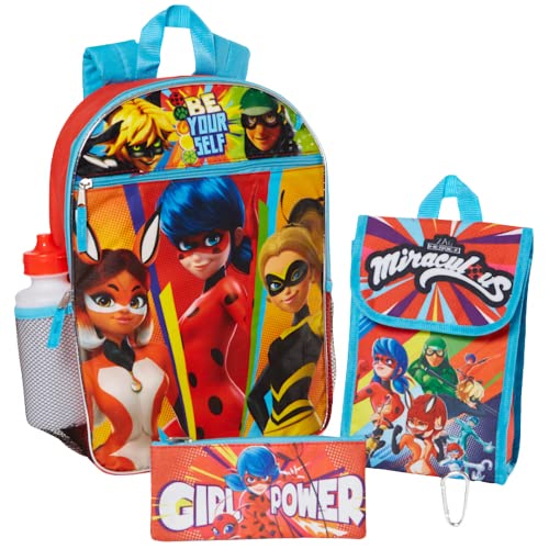 5 Pc. Miraculous Ladybug Girl Power “Be Yourself” Backpack Set for Girls, 16 inch with Miraculous Lunch Bag & Pencil Case