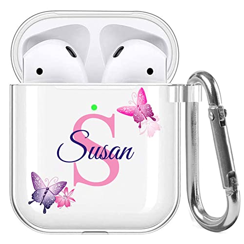 Custom Name & Initial Crystal Clear Airpods Case for Apple AirPod 1 and 2nd Generation，Thin Shockproof Protective Customized Transparent Case（Purple Butterfly）