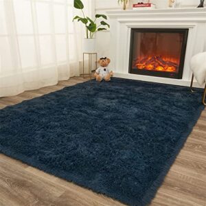 amtovo shag area rugs for bedroom, navy blue fluffy rug plush living room carpet 5 x 7 feet, indoor modern plush area rugs, fuzzy nursery shaggy rugs for kids room