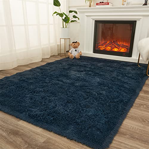 AMTOVO Shag Area Rugs for Bedroom, Navy Blue Fluffy Rug Plush Living Room Carpet 5 x 7 Feet, Indoor Modern Plush Area Rugs, Fuzzy Nursery Shaggy Rugs for Kids Room