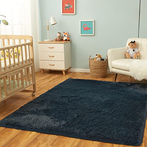 AMTOVO Shag Area Rugs for Bedroom, Navy Blue Fluffy Rug Plush Living Room Carpet 5 x 7 Feet, Indoor Modern Plush Area Rugs, Fuzzy Nursery Shaggy Rugs for Kids Room