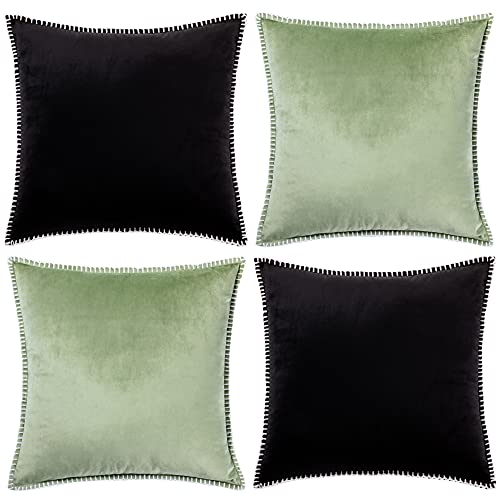 GAWAMAY Solid Soft Velvet Farmhouse Spring Black Pillow Covers 18x18 Set of 2,Decorative Green Throw Pillows with Chenille Edge,Square Boho Couch Pillows for Living Room Sofa Couch Beding(45x45cm)