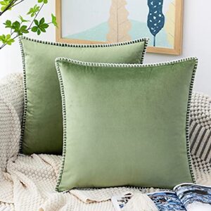 GAWAMAY Solid Soft Velvet Farmhouse Spring Black Pillow Covers 18x18 Set of 2,Decorative Green Throw Pillows with Chenille Edge,Square Boho Couch Pillows for Living Room Sofa Couch Beding(45x45cm)