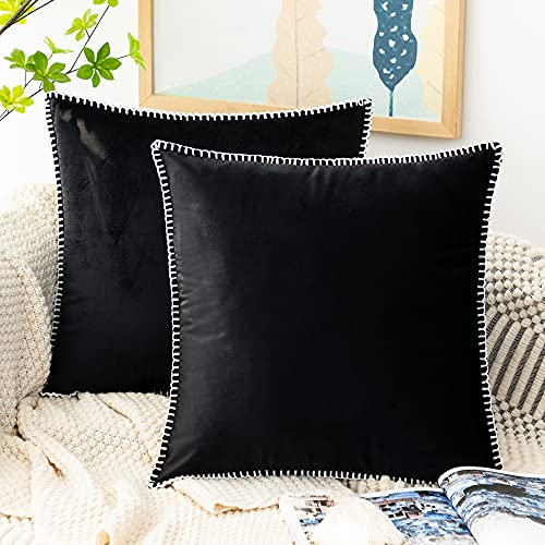 GAWAMAY Solid Soft Velvet Farmhouse Spring Black Pillow Covers 18x18 Set of 2,Decorative Green Throw Pillows with Chenille Edge,Square Boho Couch Pillows for Living Room Sofa Couch Beding(45x45cm)