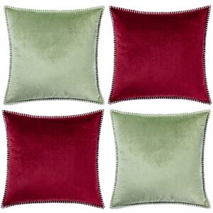 gawamay velvet farmhouse spring pillow covers 18x18 set of 2,decorative green throw pillows with chenille thread edge,square boho couch pillows for living room sofa couch beding(45x45cm) burgundy red