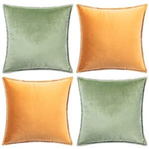 gawamay soft gold velvet farmhouse spring pillow covers 18x18 set of 2,decorative green throw pillows with chenille thread edge,square boho couch pillows for living room sofa couch beding(45x45cm)