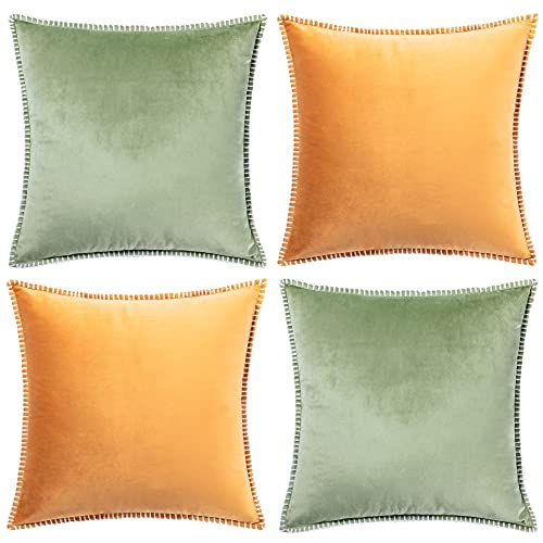 GAWAMAY Soft Gold Velvet Farmhouse Spring Pillow Covers 18x18 Set of 2,Decorative Green Throw Pillows with Chenille Thread Edge,Square Boho Couch Pillows for Living Room Sofa Couch Beding(45x45cm)