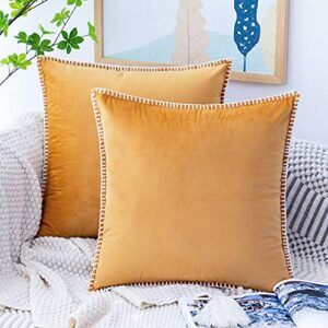 GAWAMAY Soft Gold Velvet Farmhouse Spring Pillow Covers 18x18 Set of 2,Decorative Green Throw Pillows with Chenille Thread Edge,Square Boho Couch Pillows for Living Room Sofa Couch Beding(45x45cm)