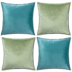 GAWAMAY Soft Velvet Farmhouse Spring Teal Pillow Covers 18x18 Set of 2,Decorative Green Throw Pillows with Chenille Thread Edge,Square Boho Couch Pillows for Living Room Sofa Couch Beding(45x45cm)