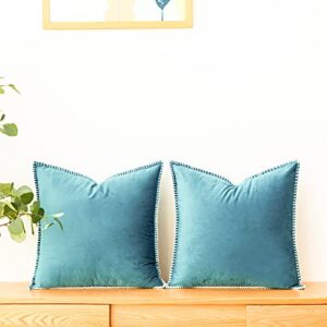 GAWAMAY Soft Velvet Farmhouse Spring Teal Pillow Covers 18x18 Set of 2,Decorative Green Throw Pillows with Chenille Thread Edge,Square Boho Couch Pillows for Living Room Sofa Couch Beding(45x45cm)