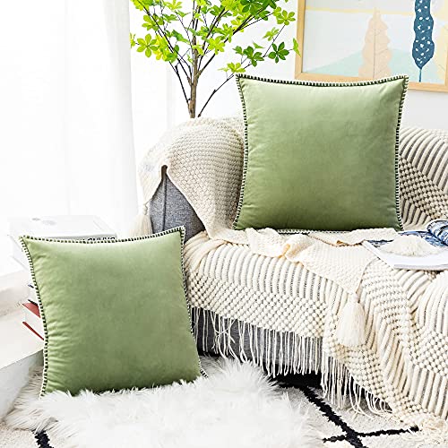 GAWAMAY Soft Velvet Farmhouse Spring Teal Pillow Covers 18x18 Set of 2,Decorative Green Throw Pillows with Chenille Thread Edge,Square Boho Couch Pillows for Living Room Sofa Couch Beding(45x45cm)