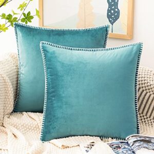 GAWAMAY Soft Velvet Farmhouse Spring Teal Pillow Covers 18x18 Set of 2,Decorative Green Throw Pillows with Chenille Thread Edge,Square Boho Couch Pillows for Living Room Sofa Couch Beding(45x45cm)