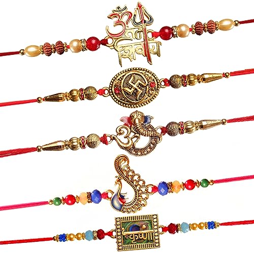 TIED RIBBONS Rakhi for Brother Set of 5 Rakhi for Bhaiya | Bro Rakhi with Card | Roli Chawal Tika - Raksha Bandhan Rakhi Bracelet for Brother Rakhi | 5 Rakhi Set | Bhai Rakhi Thread