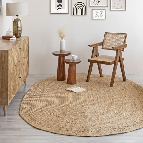 HOMEMONDE 4 x 6 ft Braided Oval Rug Farmhouse Reversible Carpet for Living Room Handmade Jute Area Rugs, Natural