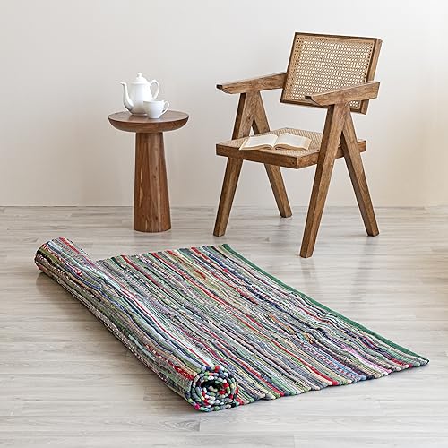 HOMEMONDE Multicolor Handwoven Chindi Rug 4x6 feet Braided Boho Living Room Rag Rugs Soft Handmade 100% Recycled Fabric Bohemian Carpet