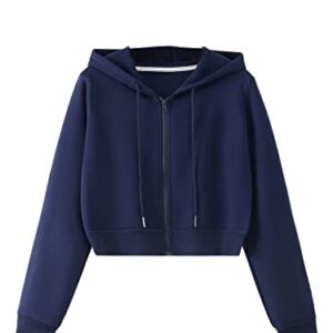 SweatyRocks Women's Long Sleeve Drawstring Full Zip Hooded Jacket Crop Sweatshirt Navy Blue L