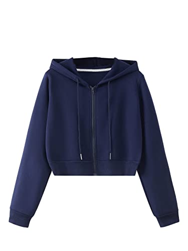 SweatyRocks Women's Long Sleeve Drawstring Full Zip Hooded Jacket Crop Sweatshirt Navy Blue L