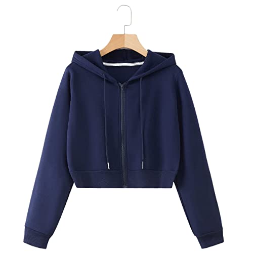 SweatyRocks Women's Long Sleeve Drawstring Full Zip Hooded Jacket Crop Sweatshirt Navy Blue L