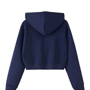 SweatyRocks Women's Long Sleeve Drawstring Full Zip Hooded Jacket Crop Sweatshirt Navy Blue L