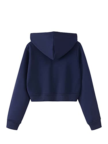 SweatyRocks Women's Long Sleeve Drawstring Full Zip Hooded Jacket Crop Sweatshirt Navy Blue L