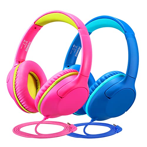 POWMEE [2PACK] Kids Headphones Over-Ear Headphones for Kids/Teens/School with 94dB Volume Limited Adjustable Stereo 3.5MM Jack Wire Cord for Fire Tablets/Travel/PC/Phones(Rosered&Blue)