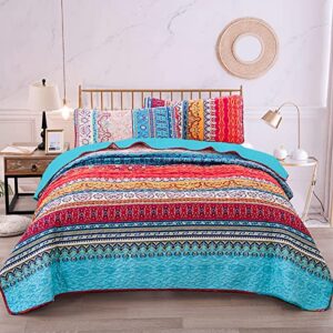 wongs bedding bohemian quilt set california king, boho striped pattern printed quilt coverlet for all season, soft microfiber boho bedspread set 96"x106"(3 pieces, blue)