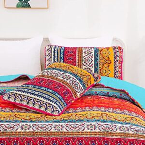 WONGS BEDDING Bohemian Quilt Set California King, Boho Striped Pattern Printed Quilt Coverlet for All Season, Soft Microfiber Boho Bedspread Set 96"x106"(3 Pieces, Blue)