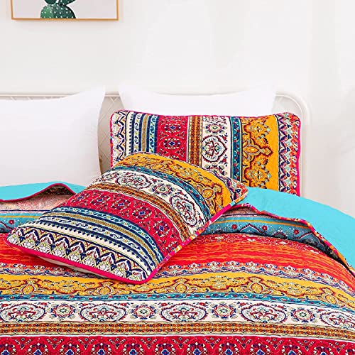 WONGS BEDDING Bohemian Quilt Set California King, Boho Striped Pattern Printed Quilt Coverlet for All Season, Soft Microfiber Boho Bedspread Set 96"x106"(3 Pieces, Blue)