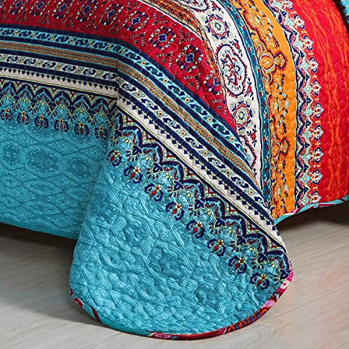 WONGS BEDDING Bohemian Quilt Set California King, Boho Striped Pattern Printed Quilt Coverlet for All Season, Soft Microfiber Boho Bedspread Set 96"x106"(3 Pieces, Blue)