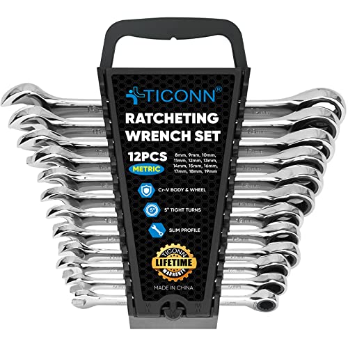 TICONN Mechanic Cr-V Ratcheting Wrench Set with Organizer Rack, Professional Slim Profile (12PCS mm (Metric))