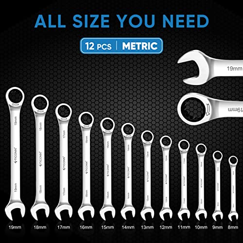 TICONN Mechanic Cr-V Ratcheting Wrench Set with Organizer Rack, Professional Slim Profile (12PCS mm (Metric))