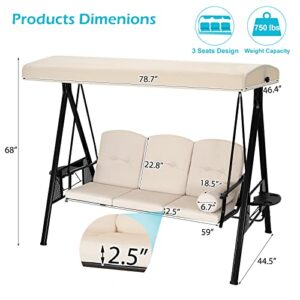 AECOJOY 3-Seat Porch Swing Chair, Patio Swing Chair with Stand and Removable Cushions, Outdoor Canopy Swing Chair for Outside, Backyard, Garden(Beige Cushion&Steel Frame)